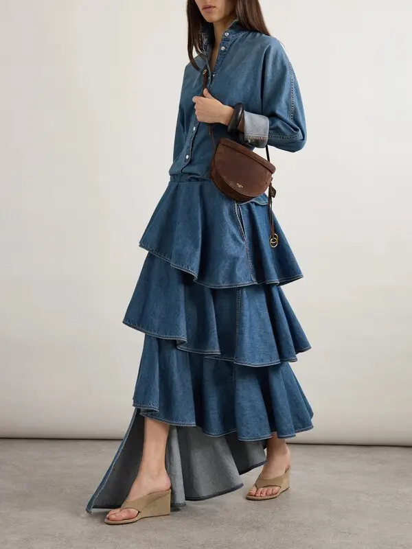 Alaïa Asymmetric Ruffled Tiered Denim Skirt - Blue