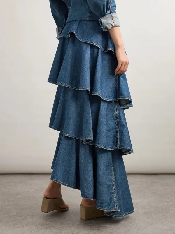 Alaïa Asymmetric Ruffled Tiered Denim Skirt - Blue