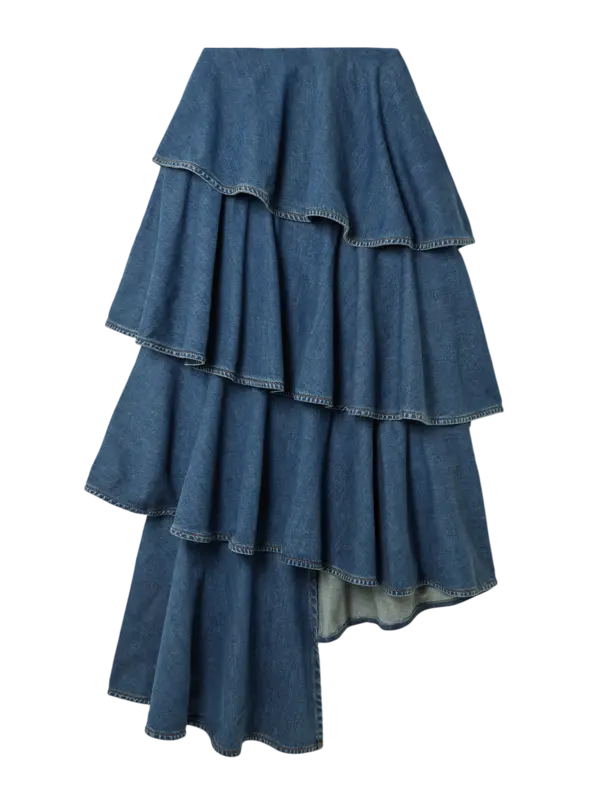 Alaïa Asymmetric Ruffled Tiered Denim Skirt - Blue
