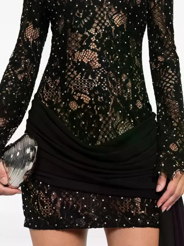 NISSA Rhinestone-embellished Lace Mini Dress