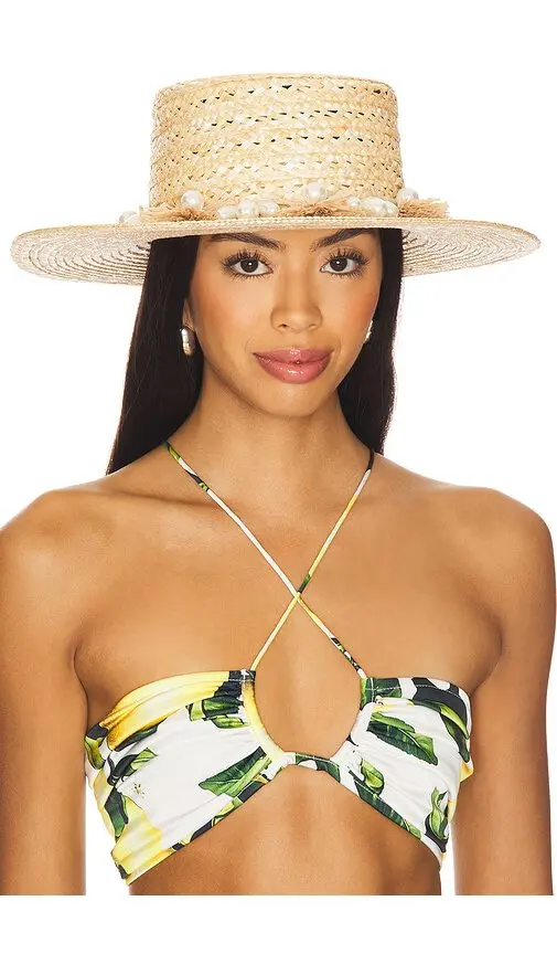 Lele Sadoughi Pearl Poms Straw Hat