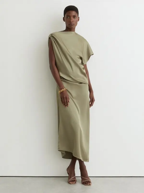 REISS Kenzie Satin Asymmetric Draped Midi Dress - Khaki Green