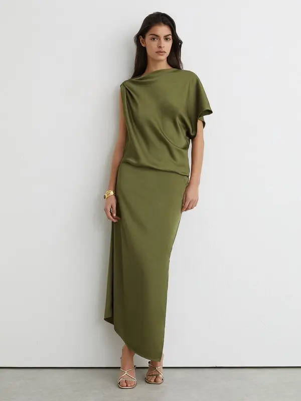 REISS Kenzie Satin Asymmetric Draped Midi Dress - Olive Green