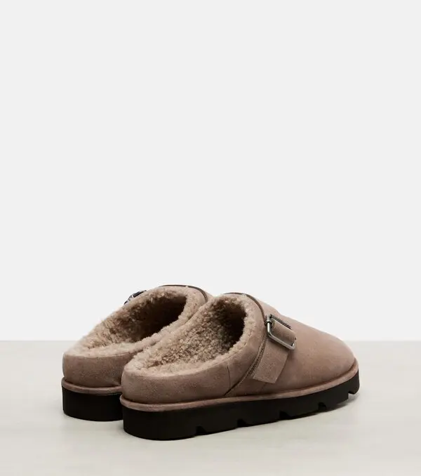 Brunello Cucinelli Monili Suede Slippers - Beige