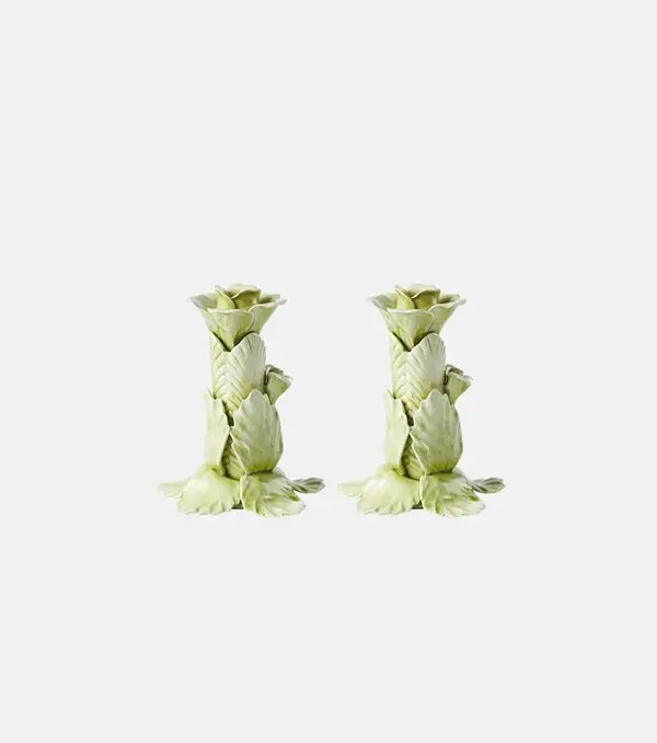 BITOSSI Set Of 2 Floral Ceramic Candleholders - Green