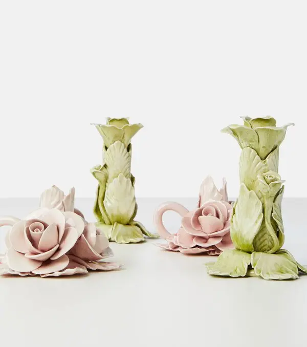 BITOSSI Set Of 2 Floral Ceramic Candleholders - Pink