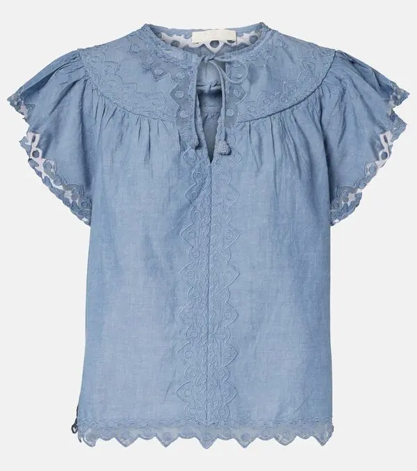 Ulla Johnson Effie Lace-trimmed Cotton Top - Blue