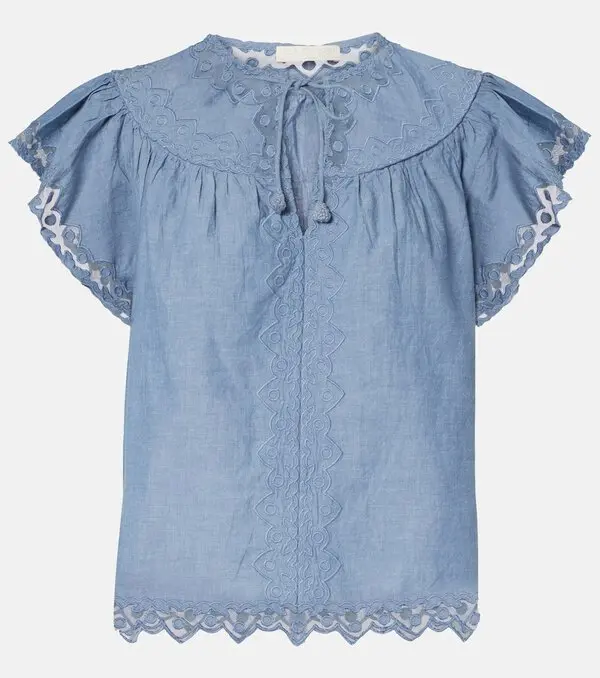 Ulla Johnson Effie Lace-trimmed Cotton Top - Blue