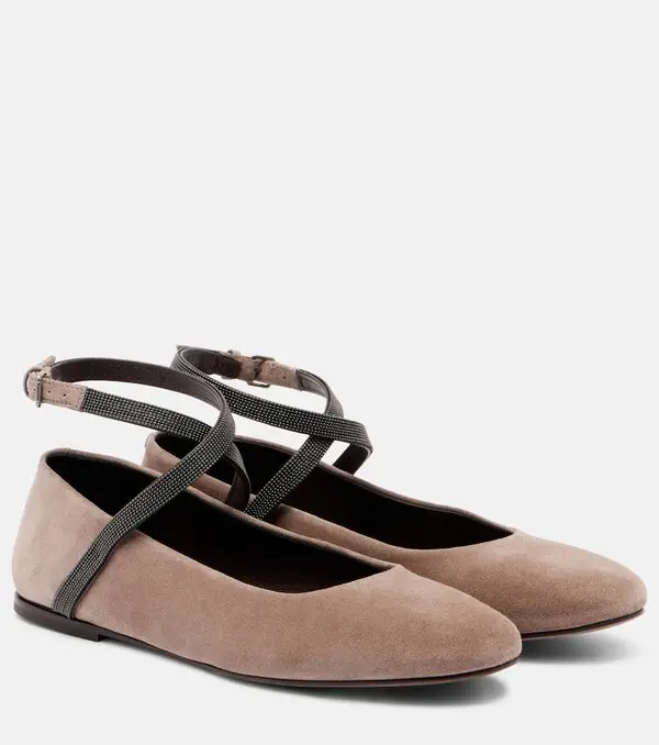 Brunello Cucinelli Monili Suede Ballerina Flats - Brown