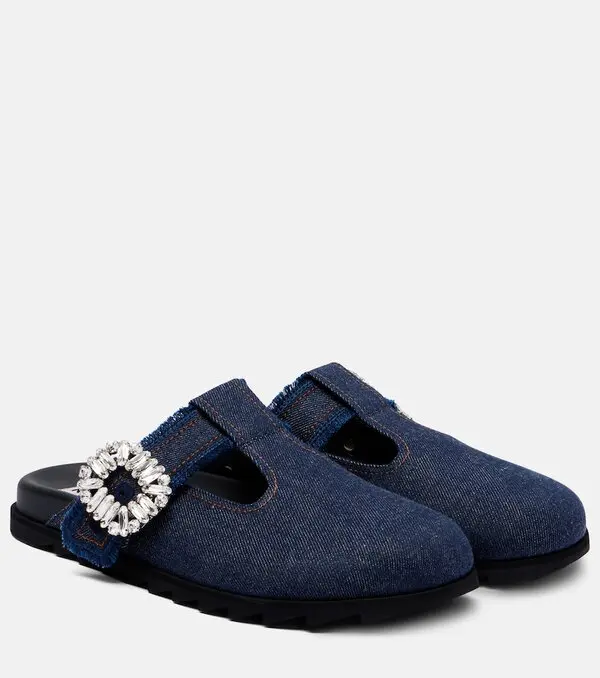 ROGER VIVIER Slidy Viv' Embellished Denim Mules - Blue
