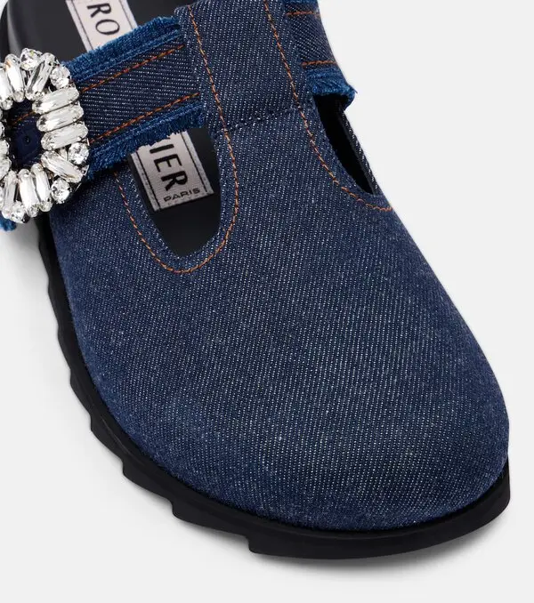 ROGER VIVIER Slidy Viv' Embellished Denim Mules