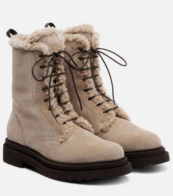 Brunello Cucinelli Shearling Trimmed Suede Combat Boots - Beige