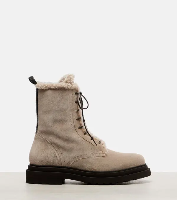Brunello Cucinelli Shearling Trimmed Suede Combat Boots