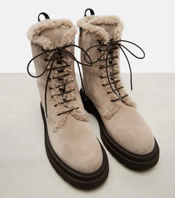 Brunello Cucinelli Shearling Trimmed Suede Combat Boots