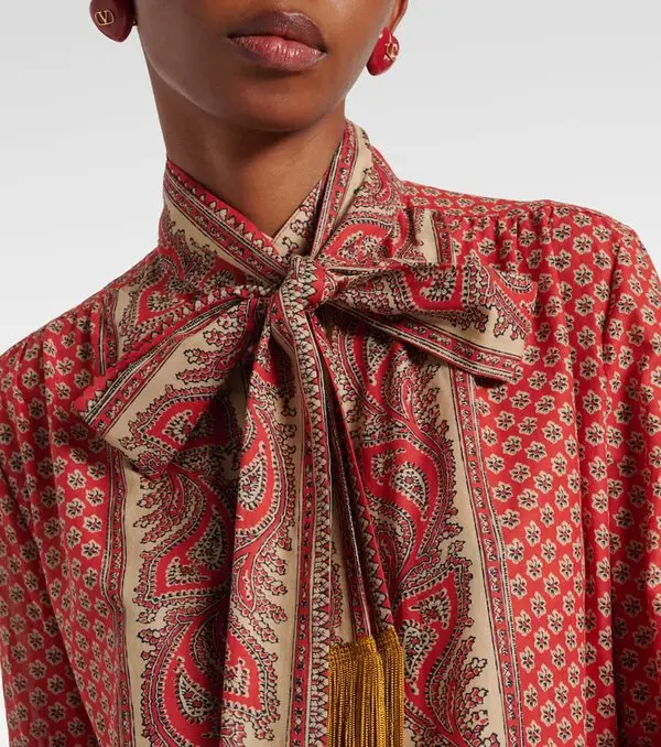 Valentino Garavani Printed Tie-neck Cotton Blouse