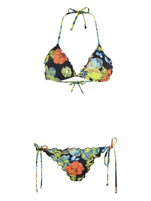 AMIR SLAMA Floral Print Ruffled Bikini - Black