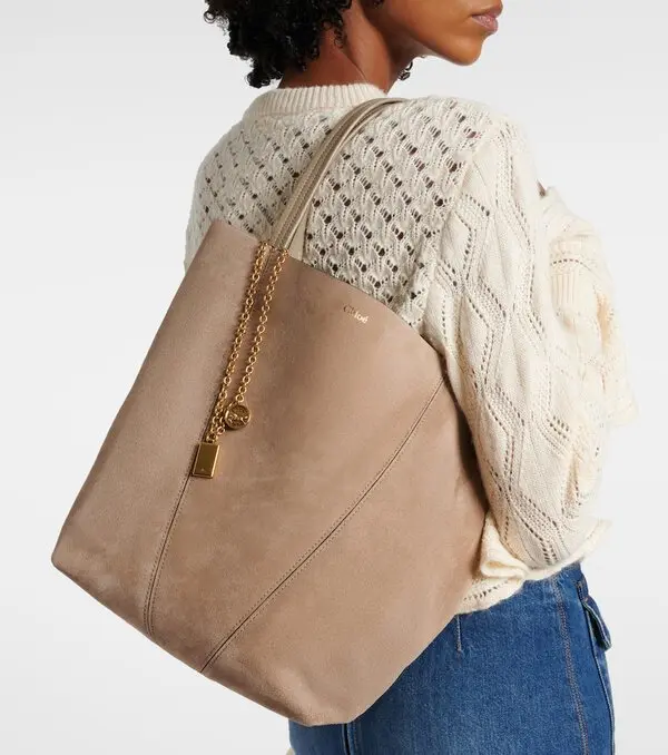 Chloé Spin Medium Suede Tote - Beige