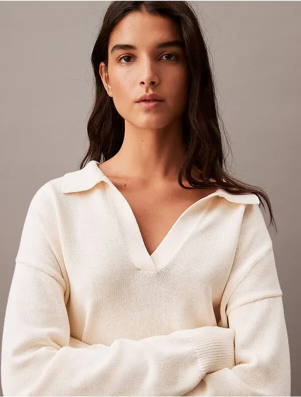 Calvin Klein Smooth Cotton Cropped Polo Sweater - Antique White