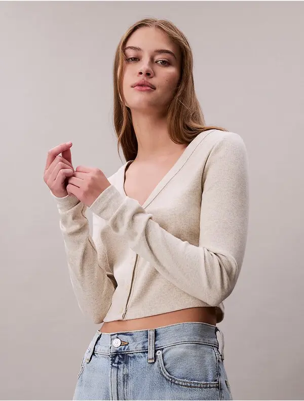 Calvin Klein Rib Cropped Cardigan - Vanilla Heather