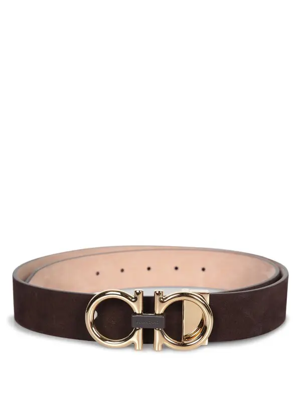FERRAGAMO Double Gancini Suede Belt - Brown