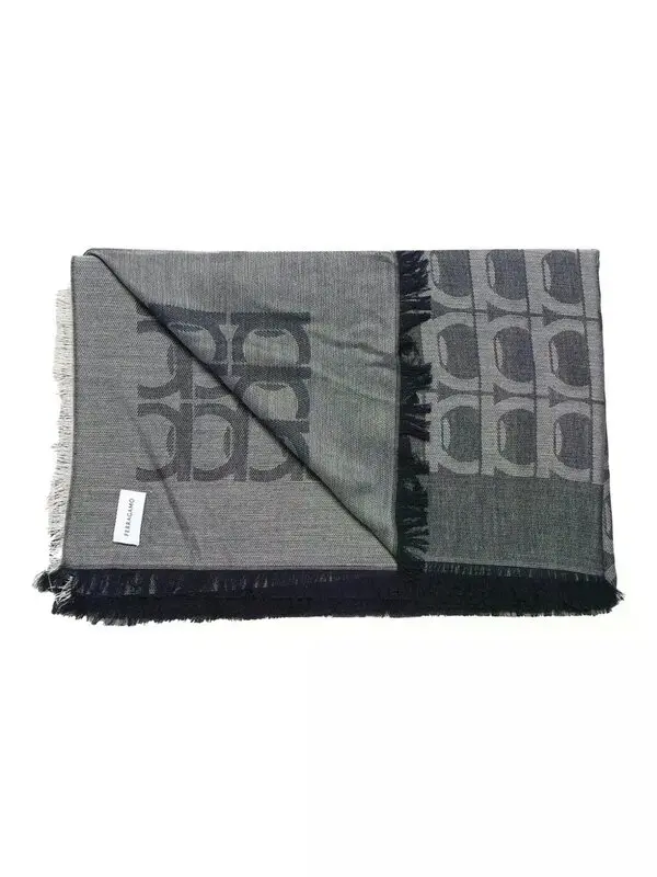 FERRAGAMO Gancini-pattern Fringed Scarf - Grey