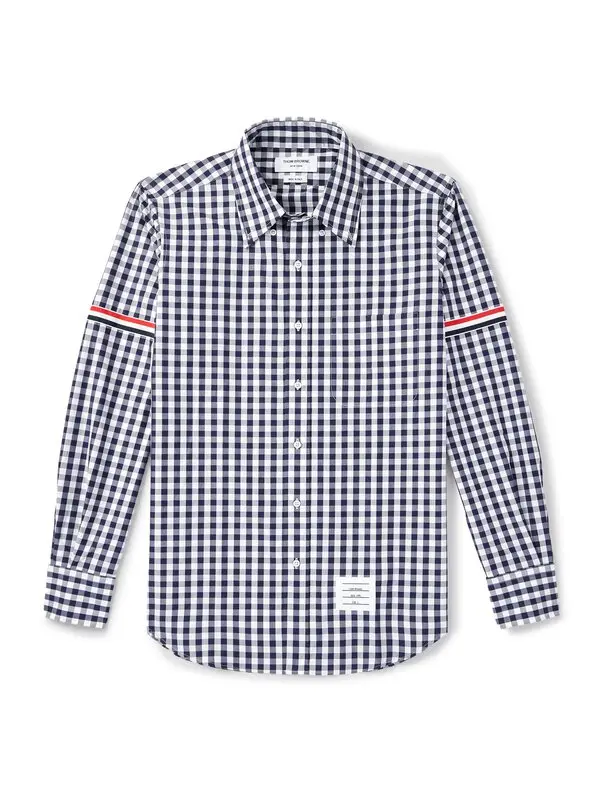 Thom Browne Button-down Collar Logo-appliquéd Webbing-trimmed Gingham Cotton-poplin Shirt - Blue