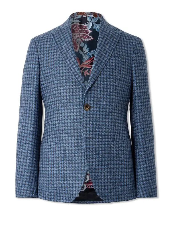Etro Roma Sport Houndstooth Wool, Cotton And Linen-blend Blazer - Blue