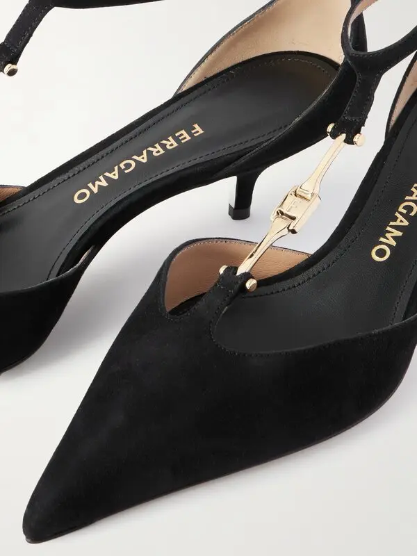 FERRAGAMO Traci Embellished Suede Pumps - Black