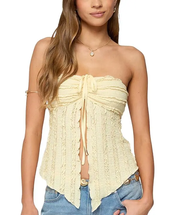 EDIKTED Textured Ruffle Split Front Strapless Top - Yellow