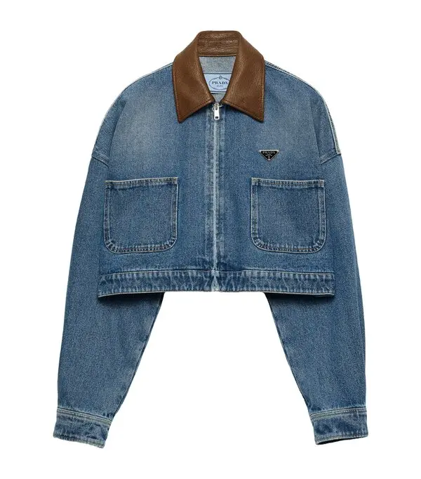 Prada Leather-collar Cropped Denim Jacket - Blue
