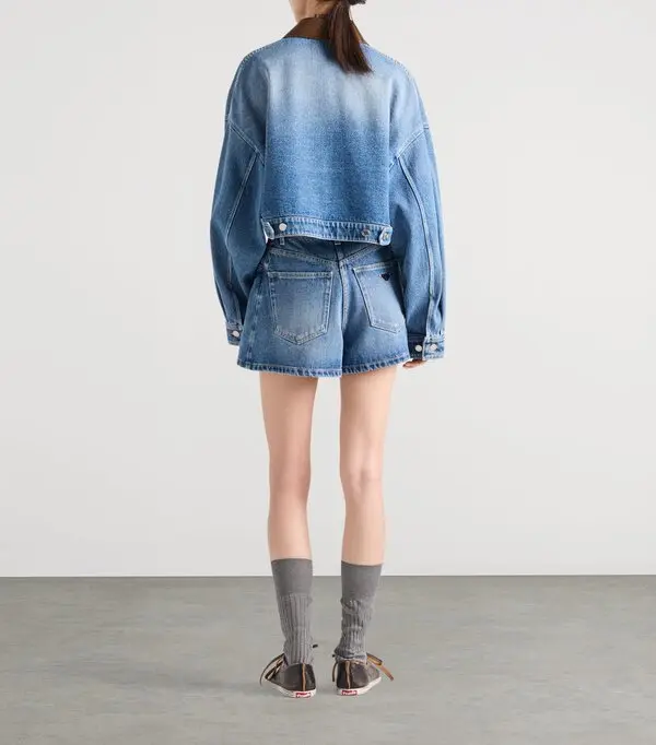 Prada Leather-collar Cropped Denim Jacket - Blue