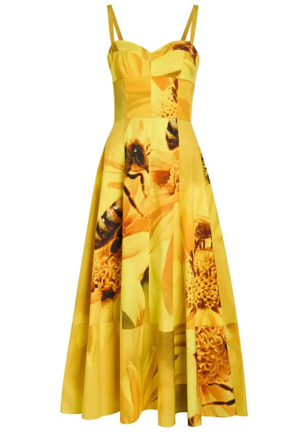 Tory Burch Printed Stretch-Cotton Poplin Midi Dress - Yellow | Editorialist