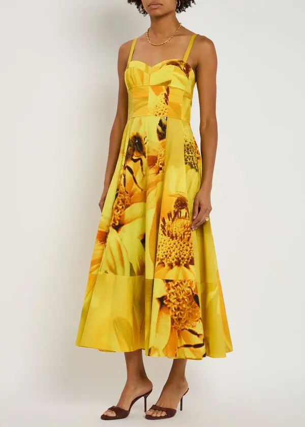 Tory Burch Printed Stretch-Cotton Poplin Midi Dress - Yellow | Editorialist
