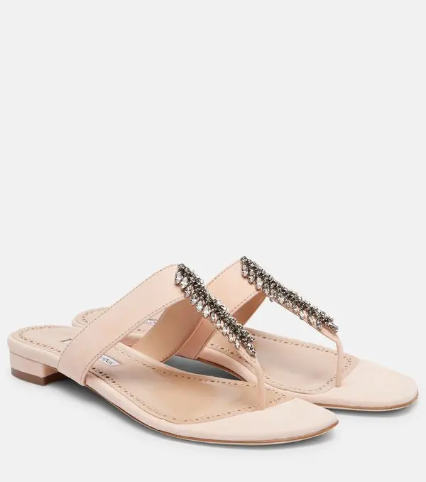 Manolo Blahnik Bizaba Embellished Suede Thong Sandals - Pink