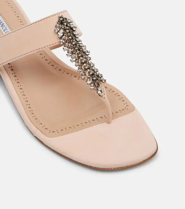 Manolo Blahnik Bizaba Embellished Suede Thong Sandals - Pink