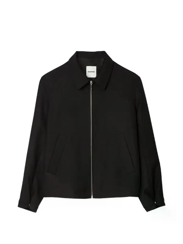 Sandro Wool Blend Zip-up Jacket With Shirt Collar - Black