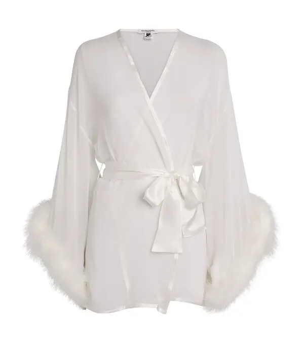 GILDA & PEARL Silk Feather-trim Sheer Short Robe - Ivory