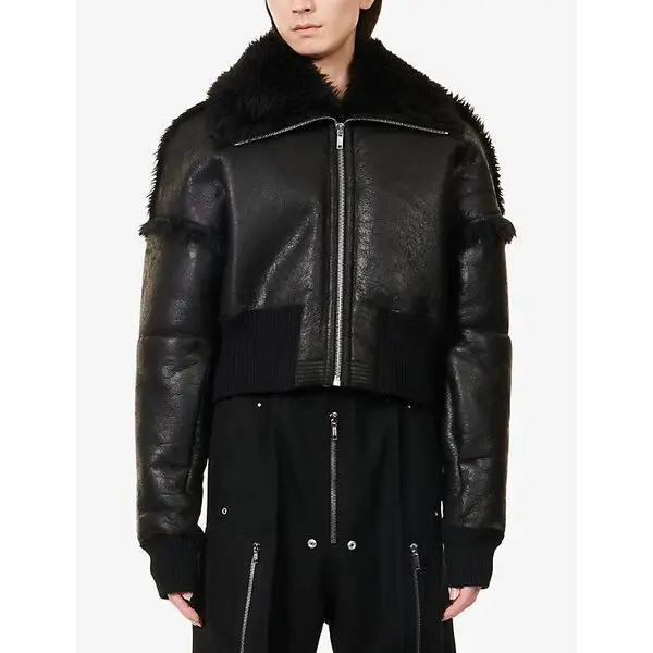 Rick Owens Flight Cropped Leather Shearling Jacket - Black