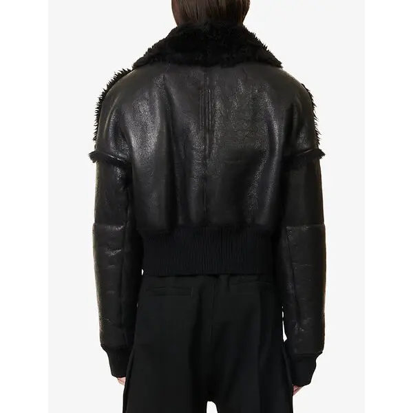 Rick Owens Flight Cropped Leather Shearling Jacket - Black