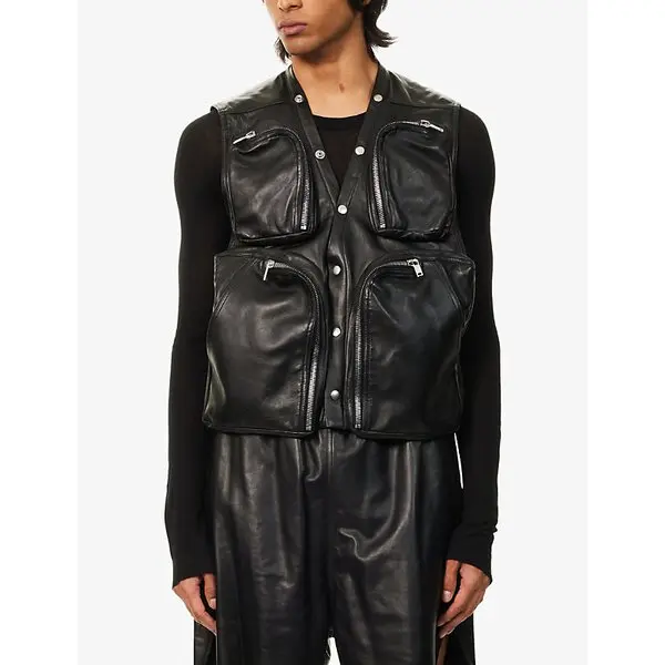 Rick Owens Leather Cargo Gilet With Open Back Black Editorialist