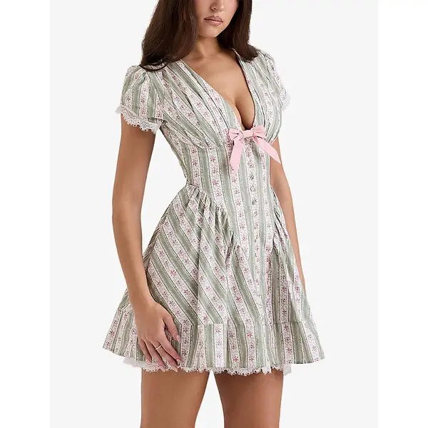 House OF CB Emiliana Striped Floral-Print Mini Dress - Stripe Floral Green