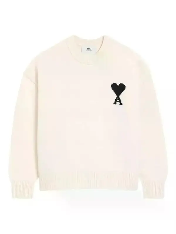 AMI Paris De Coeur Crewneck Wool Sweater - Neutrals