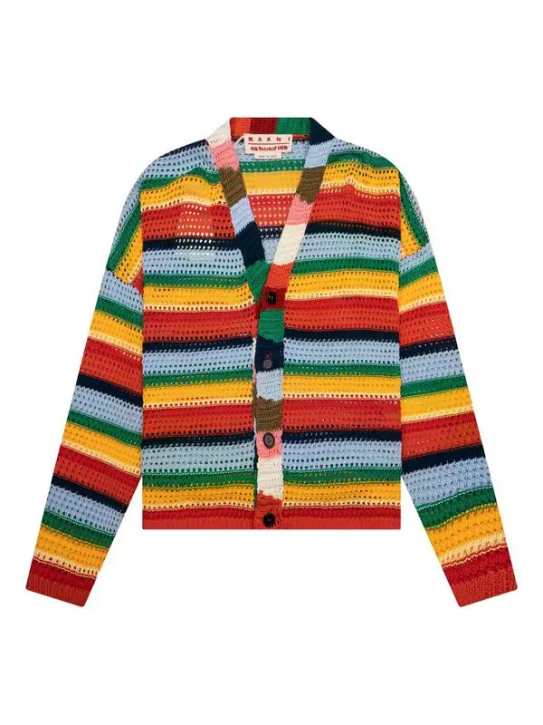 Marni Striped Crochet Knit Cardigan - Red