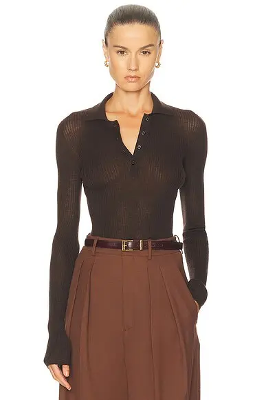Moncler Long Sleeve Polo Top - Deep Brown
