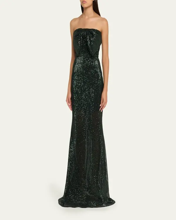 Badgley Mischka Strapless Bow-front Sequin Gown