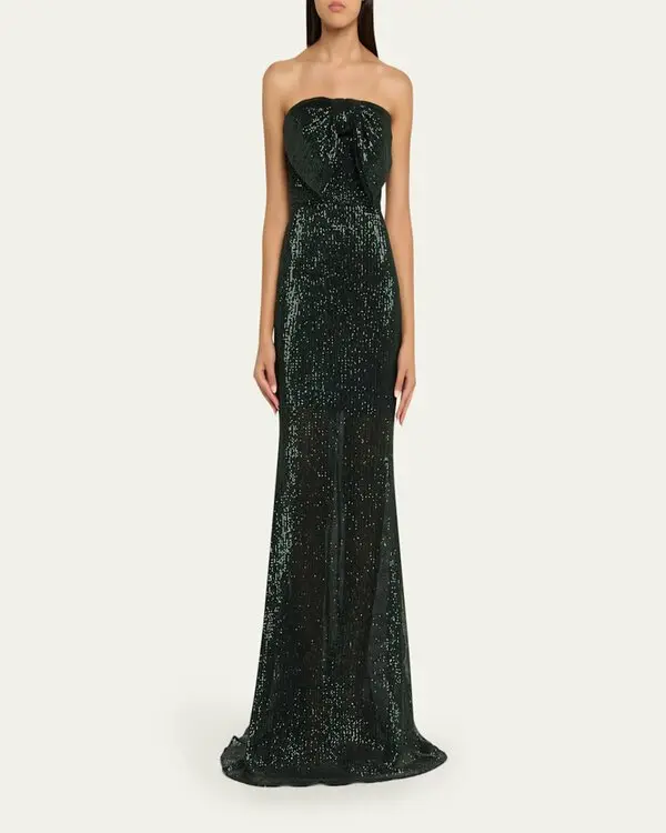 Badgley Mischka Strapless Bow-front Sequin Gown
