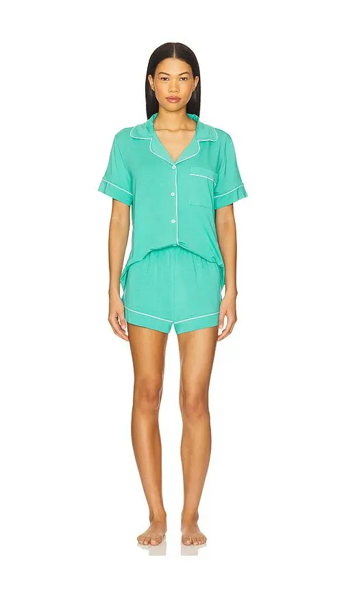 Eberjey Gisele Relaxed Short Pj Set In Green - Oasis Green & White