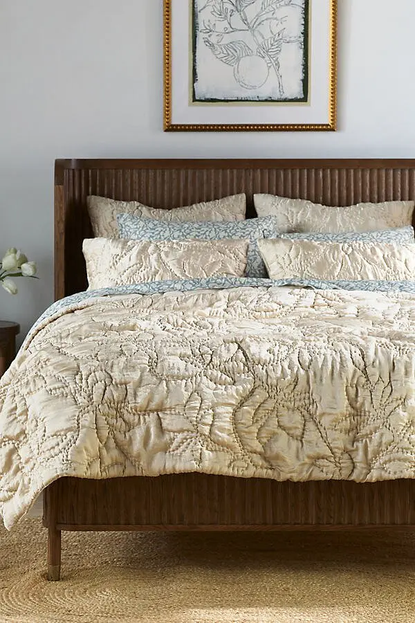 Anthropologie Silky Floral Stitched Quilt - Champagne