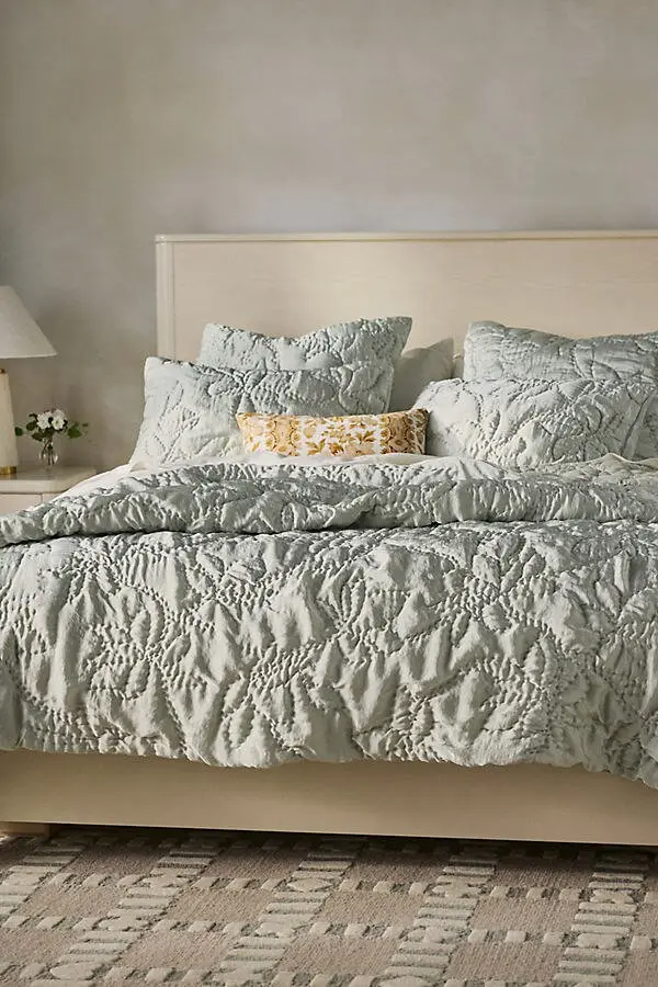Anthropologie Silky Floral Stitched Quilt - Pale Sage