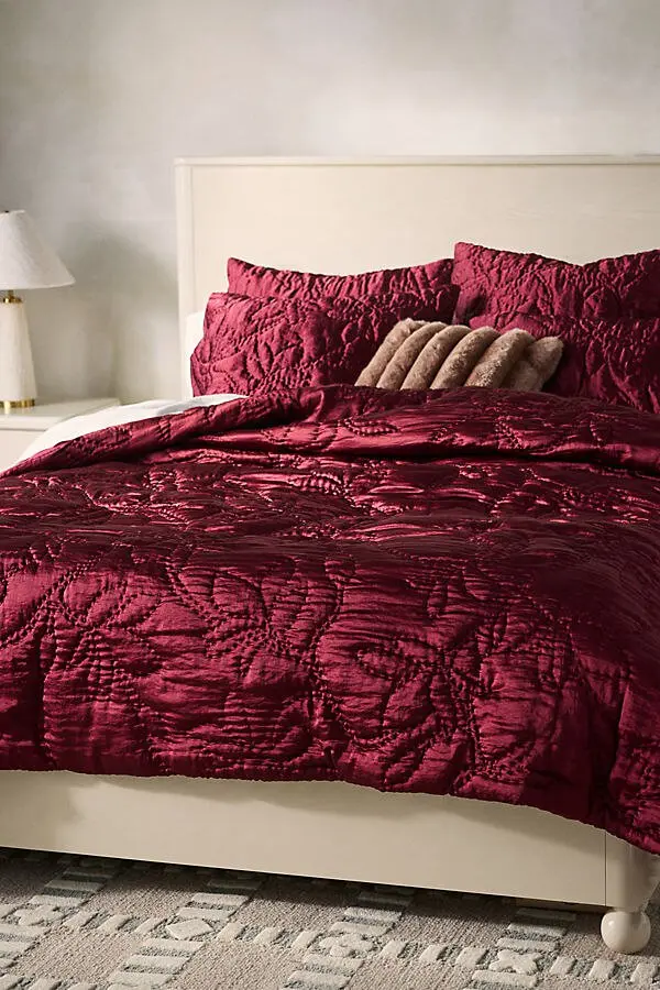 Anthropologie Silky Floral Stitched Quilt - Windsor Wine